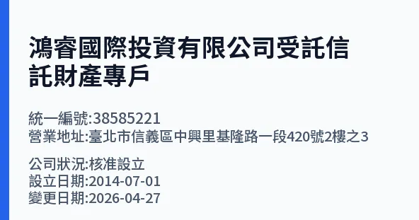 鴻睿國際投資有限公司受託信託財產專戶的照片-統編 38585221(臺北市) 公司登記資料與營業項目詳細圖表