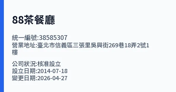 88茶餐廳的照片-統編 38585307(臺北市) 公司登記資料與營業項目詳細圖表