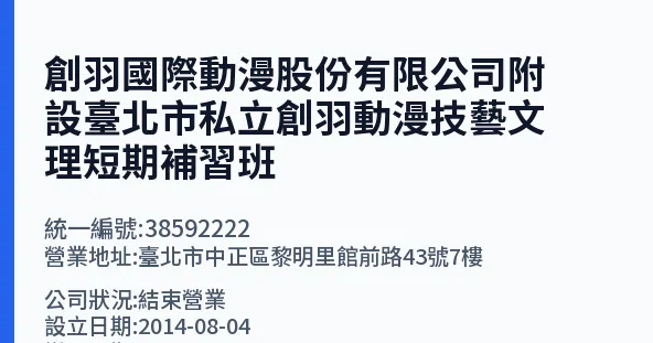 創羽國際動漫股份有限公司附設臺北市私立創羽動漫技藝文理短期補習班的照片-統編 38592222(臺北市) 公司登記資料與營業項目詳細圖表