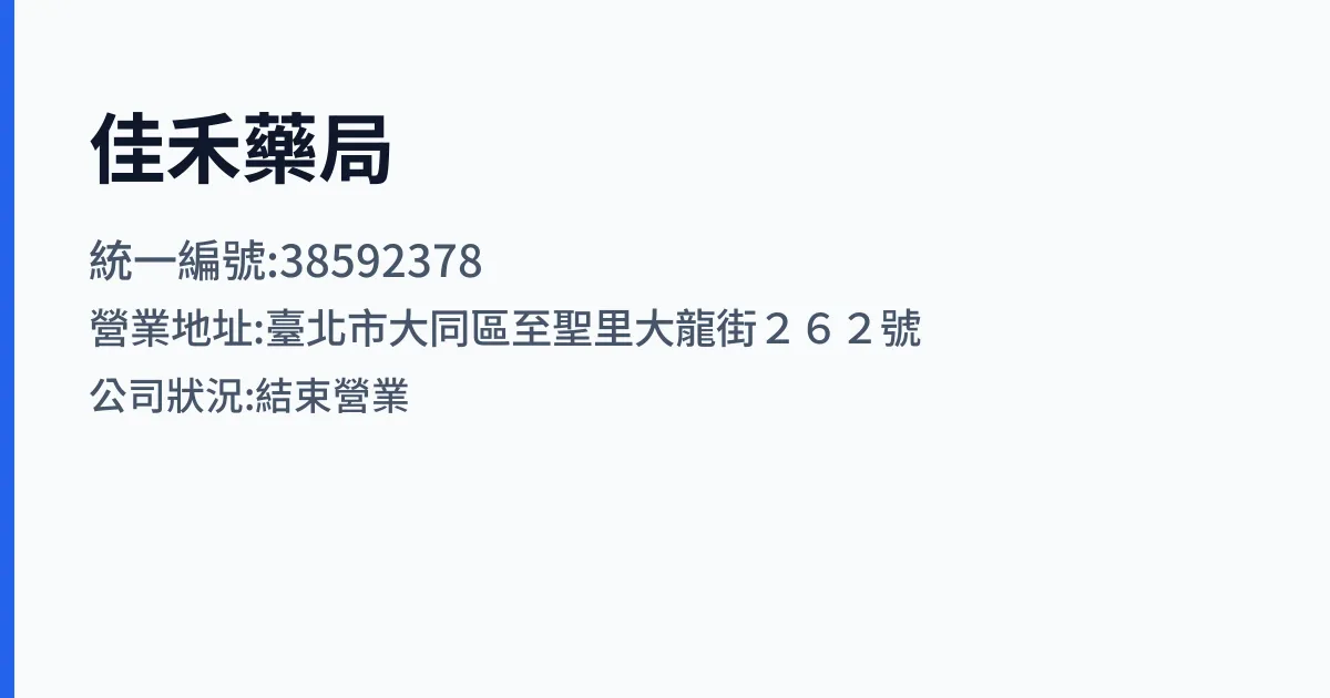 佳禾藥局 - 統編 38592378(臺北市) 公司登記資料與營業項目詳細圖表