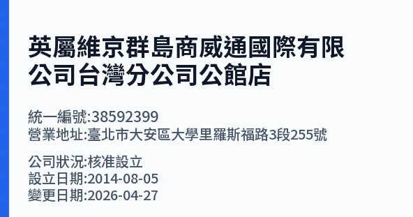 英屬維京群島商威通國際有限公司台灣分公司公館店的照片-統編 38592399(臺北市) 公司登記資料與營業項目詳細圖表