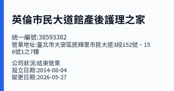 英倫市民大道館產後護理之家的照片-統編 38593382(臺北市) 公司登記資料與營業項目詳細圖表