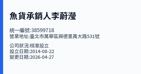 魚貨承銷人李蔚瀅的照片-統編 38599718(臺北市) 公司登記資料與營業項目詳細圖表