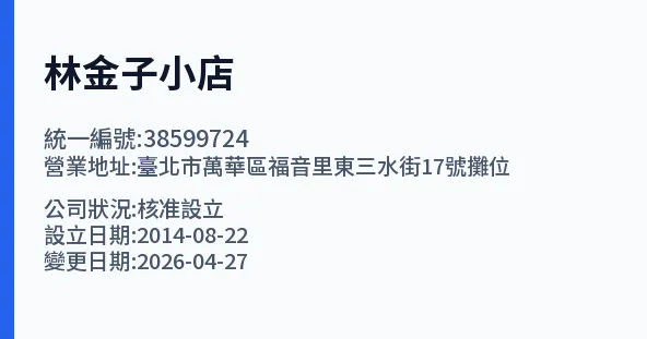 林金子小店的照片-統編 38599724(臺北市) 公司登記資料與營業項目詳細圖表
