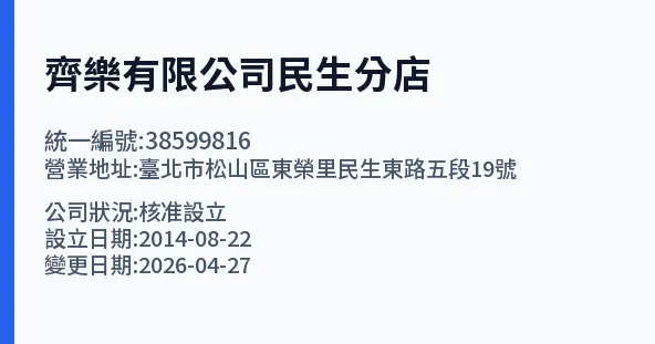 齊樂有限公司民生分店的照片-統編 38599816(臺北市) 公司登記資料與營業項目詳細圖表