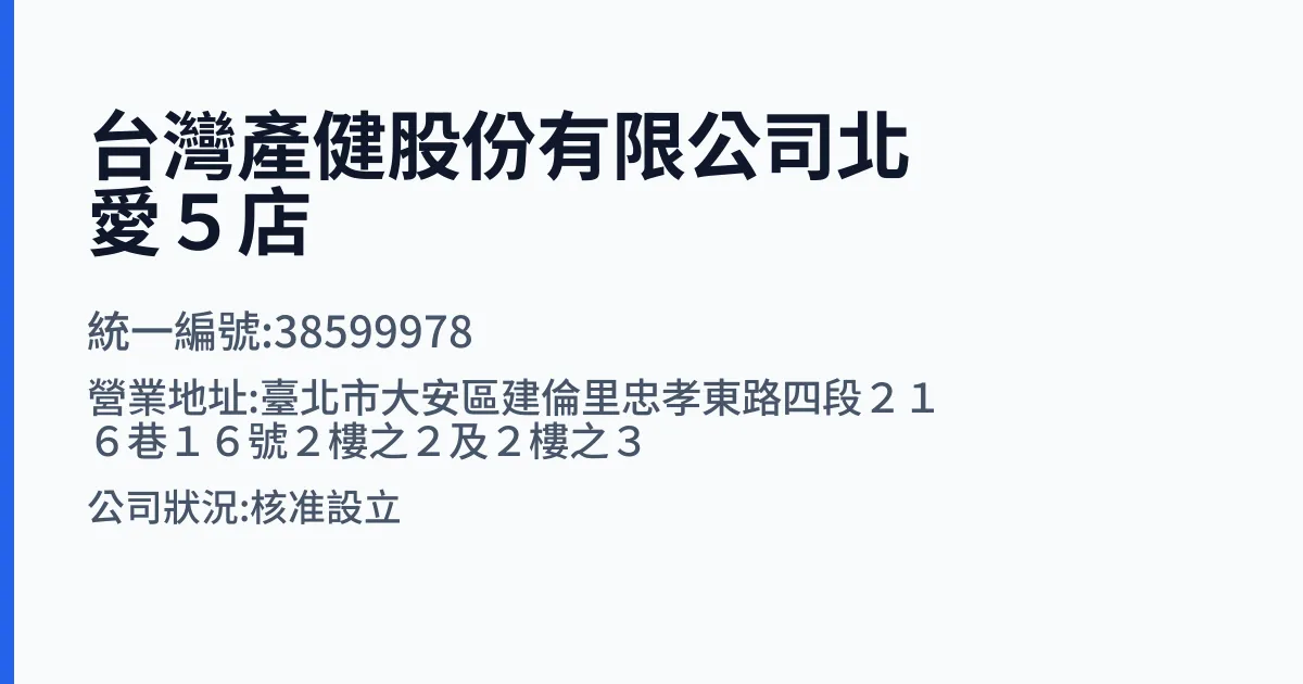 台灣產健股份有限公司北愛5店 - 統編 38599978(臺北市) 公司登記資料與營業項目詳細圖表