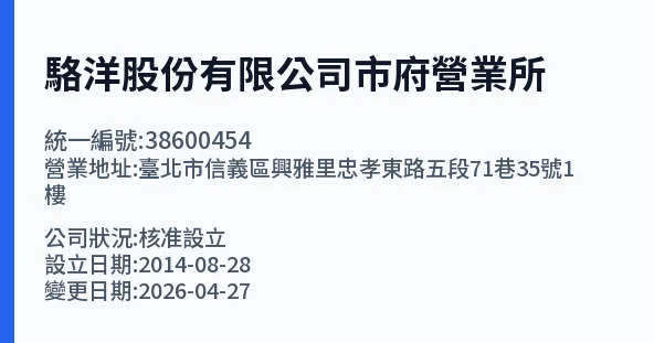 駱洋股份有限公司市府營業所的照片-統編 38600454(臺北市) 公司登記資料與營業項目詳細圖表