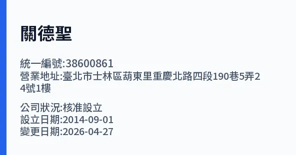 關德聖的照片-統編 38600861(臺北市) 公司登記資料與營業項目詳細圖表