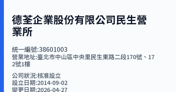 德荃企業股份有限公司民生營業所的照片-統編 38601003(臺北市) 公司登記資料與營業項目詳細圖表