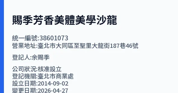 賜季芳香美體美學沙龍的照片-統編 38601073(臺北市) 公司登記資料與營業項目詳細圖表