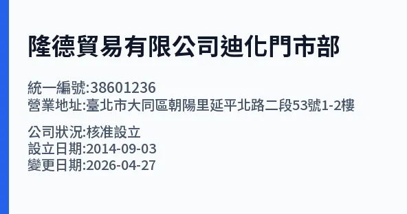 隆德貿易有限公司迪化門市部的照片-統編 38601236(臺北市) 公司登記資料與營業項目詳細圖表