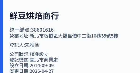 鮮豆烘焙商行的照片-統編 38601616(新北市) 公司登記資料與營業項目詳細圖表