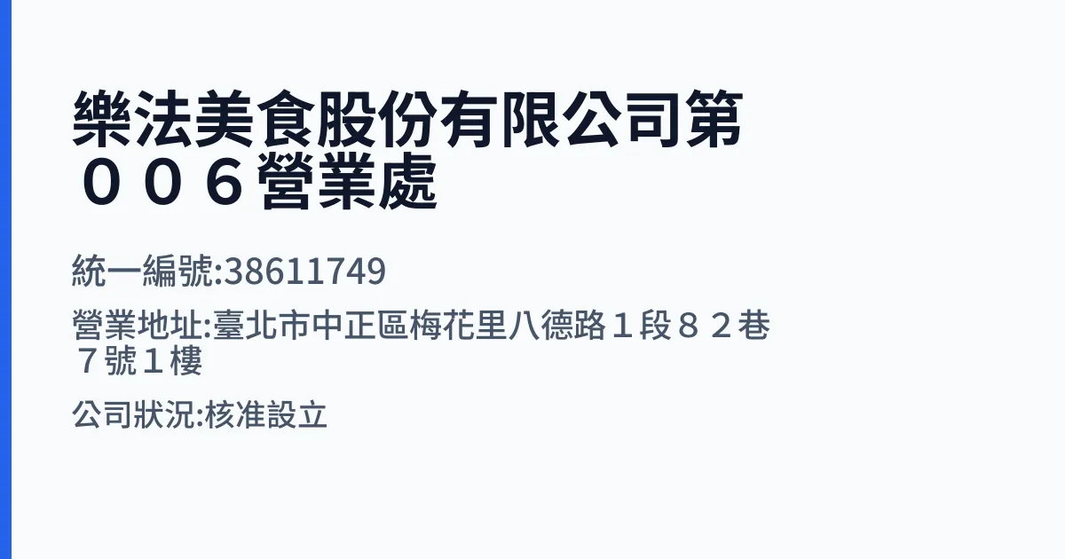 樂法美食股份有限公司第００６營業處 - 統編 38611749(臺北市) 公司登記資料與營業項目詳細圖表