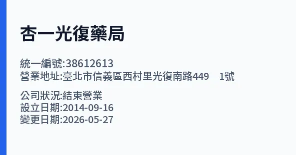 杏一光復藥局的照片-統編 38612613(臺北市) 公司登記資料與營業項目詳細圖表