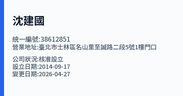 沈建國的照片-統編 38612851(臺北市) 公司登記資料與營業項目詳細圖表