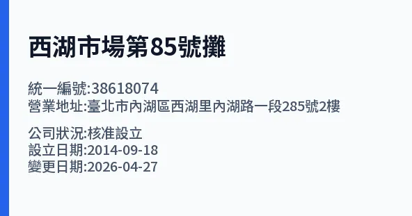 西湖市場第85號攤的照片-統編 38618074(臺北市) 公司登記資料與營業項目詳細圖表