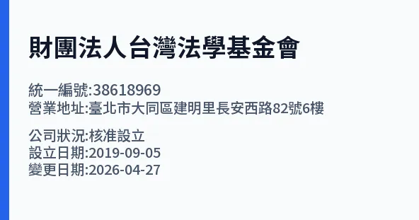 財團法人台灣法學基金會的照片-統編 38618969(臺北市) 公司登記資料與營業項目詳細圖表
