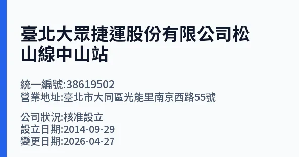 臺北大眾捷運股份有限公司松山線中山站的照片-統編 38619502(臺北市) 公司登記資料與營業項目詳細圖表