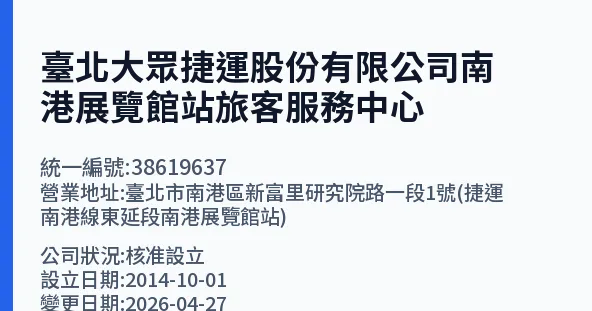 臺北大眾捷運股份有限公司南港展覽館站旅客服務中心的照片-統編 38619637(臺北市) 公司登記資料與營業項目詳細圖表