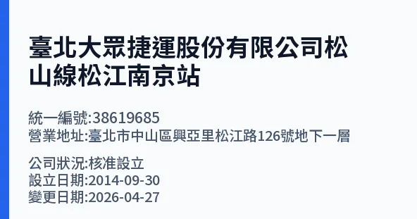 臺北大眾捷運股份有限公司松山線松江南京站的照片-統編 38619685(臺北市) 公司登記資料與營業項目詳細圖表