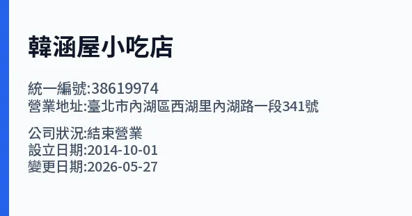 韓涵屋小吃店的照片-統編 38619974(臺北市) 公司登記資料與營業項目詳細圖表
