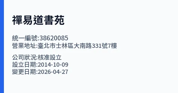 禪易道書苑的照片-統編 38620085(臺北市) 公司登記資料與營業項目詳細圖表