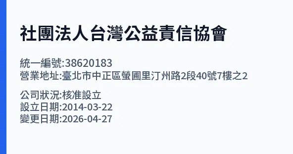 社團法人台灣公益責信協會的照片-統編 38620183(臺北市) 公司登記資料與營業項目詳細圖表