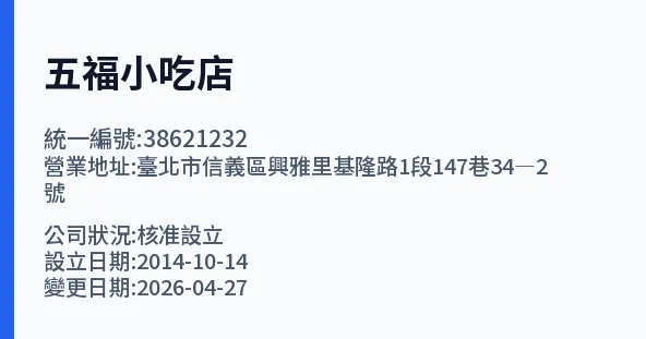 五福小吃店的照片-統編 38621232(臺北市) 公司登記資料與營業項目詳細圖表