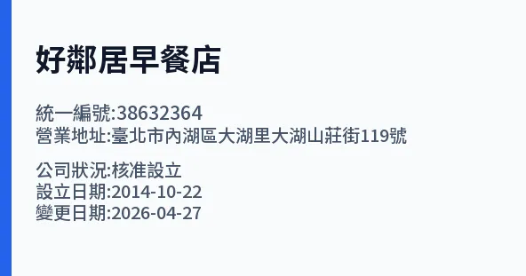 好鄰居早餐店的照片-統編 38632364(臺北市) 公司登記資料與營業項目詳細圖表
