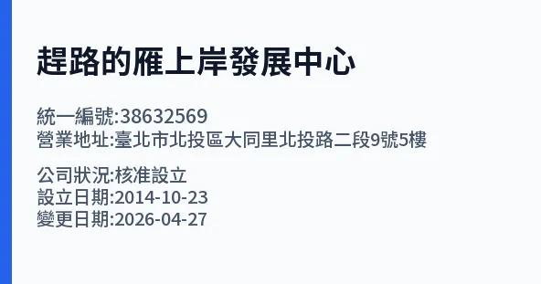 趕路的雁上岸發展中心的照片-統編 38632569(臺北市) 公司登記資料與營業項目詳細圖表