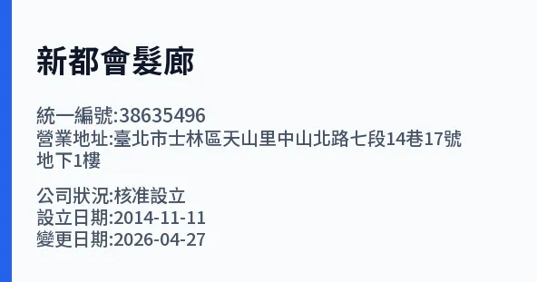 新都會髮廊的照片-統編 38635496(臺北市) 公司登記資料與營業項目詳細圖表