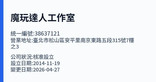 魔玩達人工作室的照片-統編 38637121(臺北市) 公司登記資料與營業項目詳細圖表