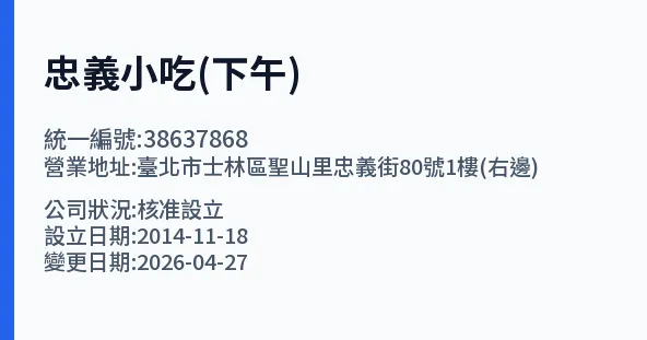 忠義小吃(下午)的照片-統編 38637868(臺北市) 公司登記資料與營業項目詳細圖表
