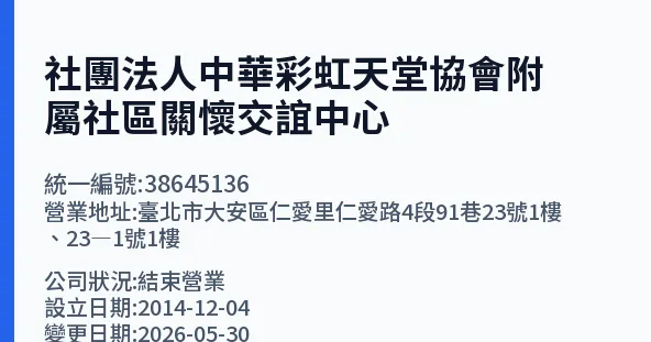 社團法人中華彩虹天堂協會附屬社區關懷交誼中心的照片-統編 38645136(臺北市) 公司登記資料與營業項目詳細圖表
