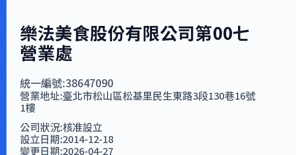 樂法美食股份有限公司第00七營業處的照片-統編 38647090(臺北市) 公司登記資料與營業項目詳細圖表