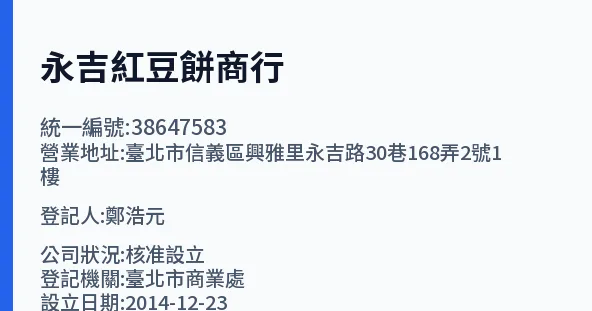 永吉紅豆餅商行的照片-統編 38647583(臺北市) 公司登記資料與營業項目詳細圖表