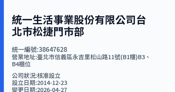 統一生活事業股份有限公司台北市松捷門市部的照片-統編 38647628(臺北市) 公司登記資料與營業項目詳細圖表