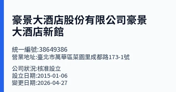 豪景大酒店股份有限公司豪景大酒店新館的照片-統編 38649386(臺北市) 公司登記資料與營業項目詳細圖表