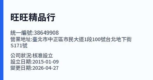 旺旺精品行的照片-統編 38649908(臺北市) 公司登記資料與營業項目詳細圖表