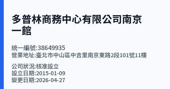 多普林商務中心有限公司南京一館的照片-統編 38649935(臺北市) 公司登記資料與營業項目詳細圖表