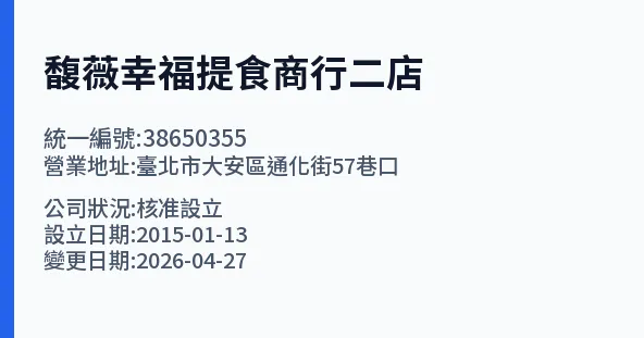 馥薇幸福提食商行二店的照片-統編 38650355(臺北市) 公司登記資料與營業項目詳細圖表