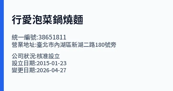 行愛泡菜鍋燒麵的照片-統編 38651811(臺北市) 公司登記資料與營業項目詳細圖表