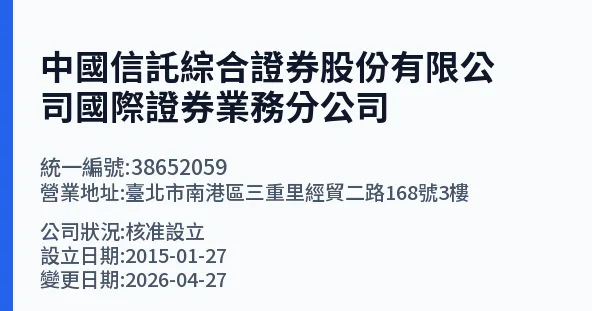 中國信託綜合證券股份有限公司國際證券業務分公司的照片-統編 38652059(臺北市) 公司登記資料與營業項目詳細圖表