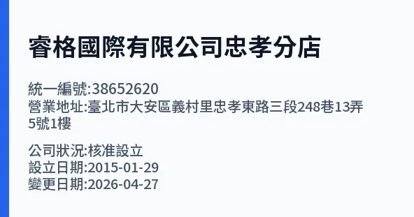 睿格國際有限公司忠孝分店的照片-統編 38652620(臺北市) 公司登記資料與營業項目詳細圖表