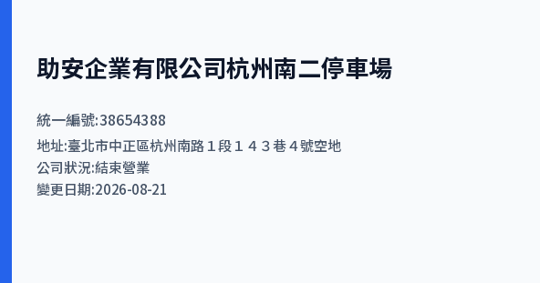助安企業有限公司杭州南二停車場的照片-統編 38654388(臺北市) 公司登記資料與營業項目詳細圖表