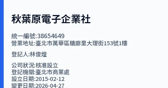 秋葉原電子企業社的照片-統編 38654649(臺北市) 公司登記資料與營業項目詳細圖表