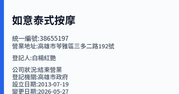 如意泰式按摩的照片-統編 38655197(高雄市) 公司登記資料與營業項目詳細圖表