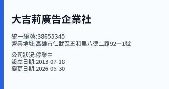 大吉莉廣告企業社的照片-統編 38655345(高雄市) 公司登記資料與營業項目詳細圖表