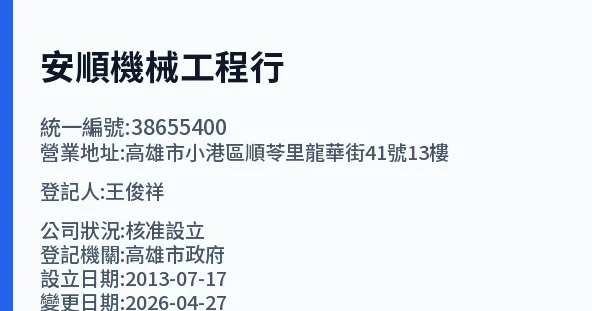 安順機械工程行的照片-統編 38655400(高雄市) 公司登記資料與營業項目詳細圖表
