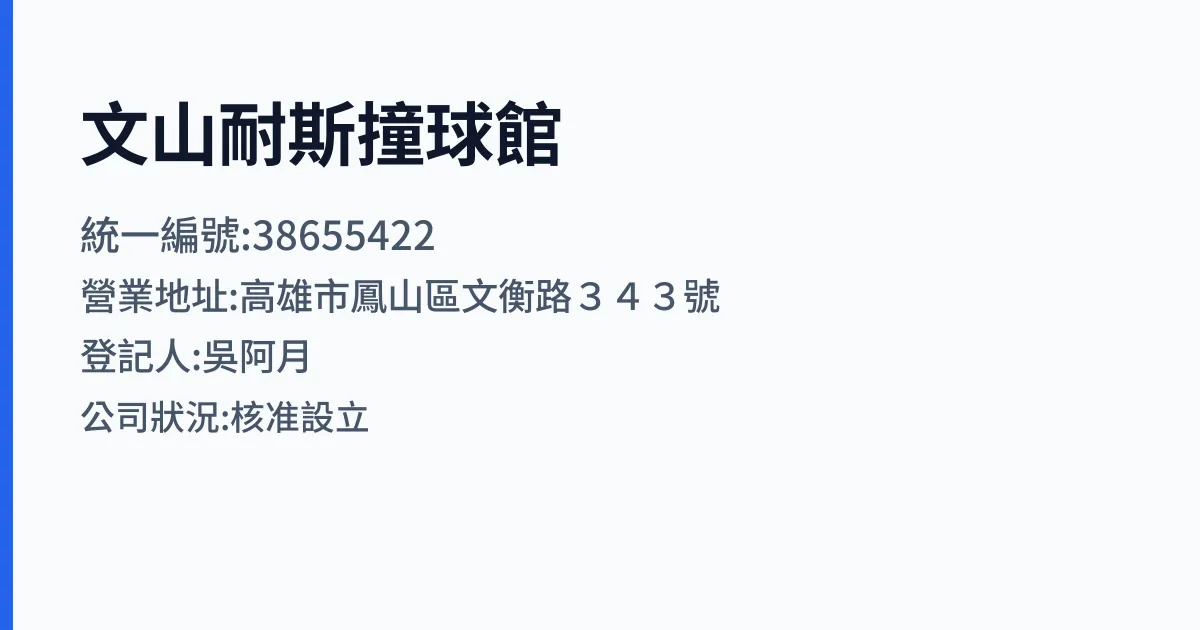 文山耐斯撞球館 - 統編 38655422(高雄市) 公司登記資料與營業項目詳細圖表